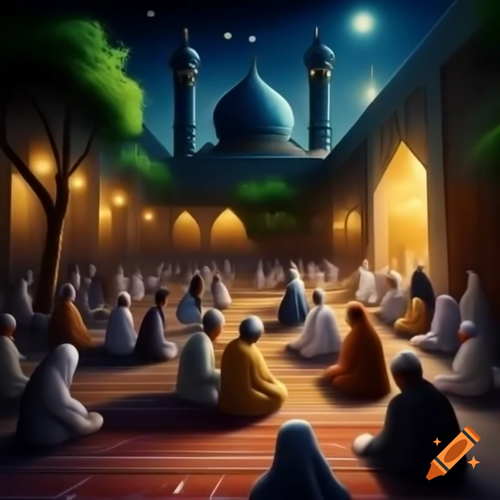 Gathering of muslim worshippers celebrating maulid al-nabi in an open ...