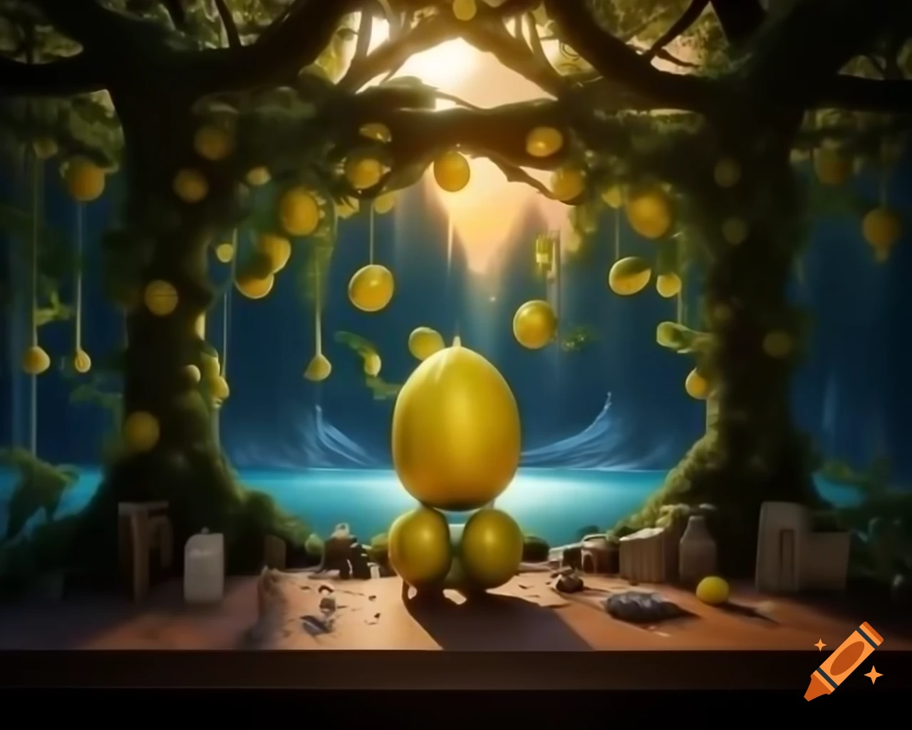 Surrealistic lemon monster sculpture rendered in 3D on Craiyon