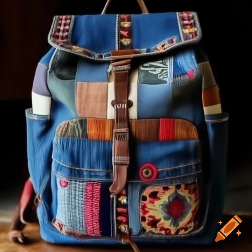 Old jeans backpack with patchwork pattern and embroidery on Craiyon