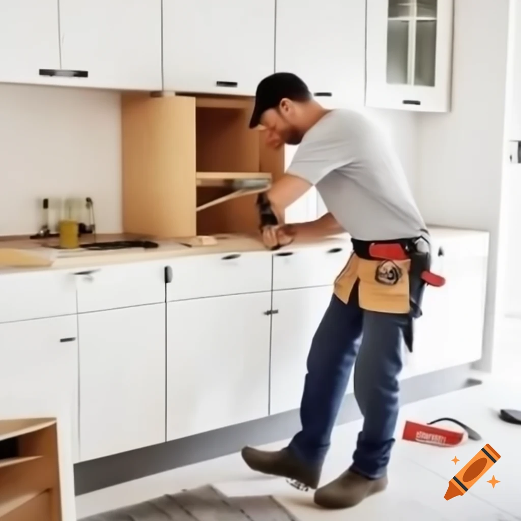 Carpenter installing kitchen cabinets in modern kitchen, wearing red shirt and white pants on ...