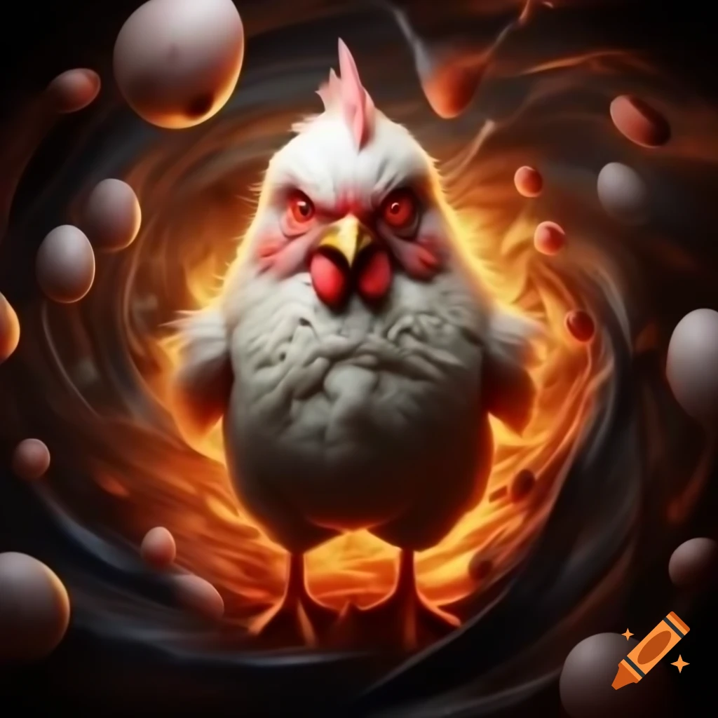 Photorealistic glowing chicken with red eyes in swirling vortex of ...