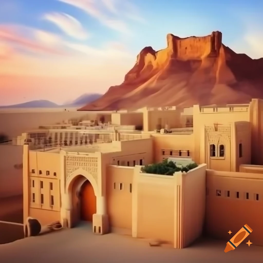 Highly detailed Arabic castle with arches at sunset, surrounded by ...