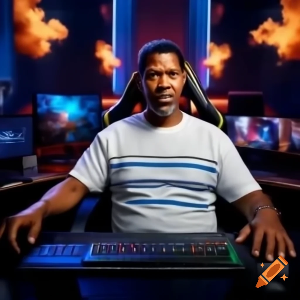 Denzel Washington in gaming setup with exploding computers on Craiyon
