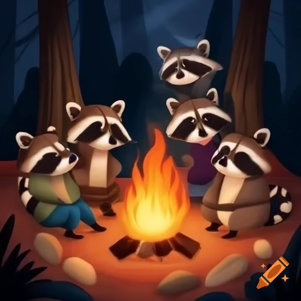 Friendly animals gathered around a campfire on tree stumps on Craiyon