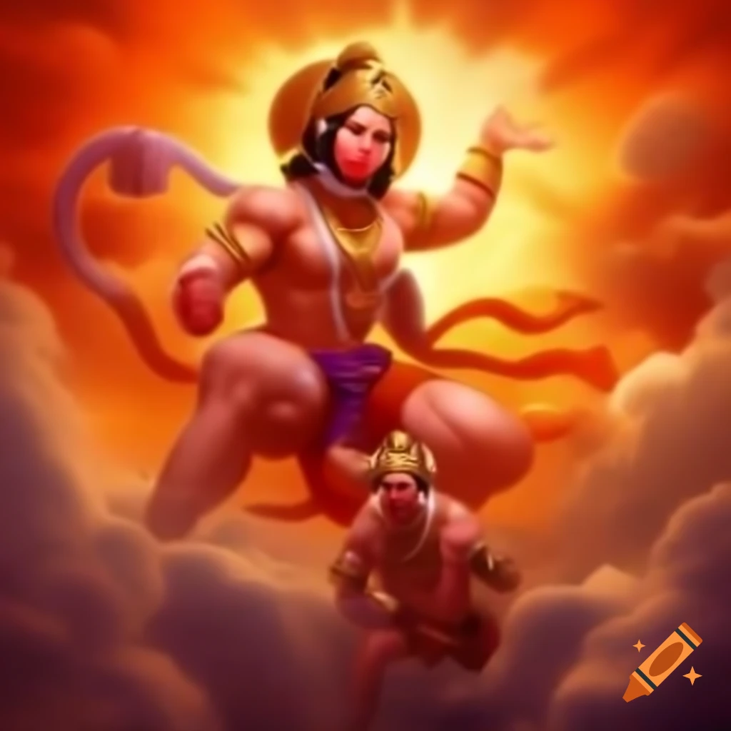 Dynamic illustration of Hanuman, the monkey god, in a powerful pose on Craiyon