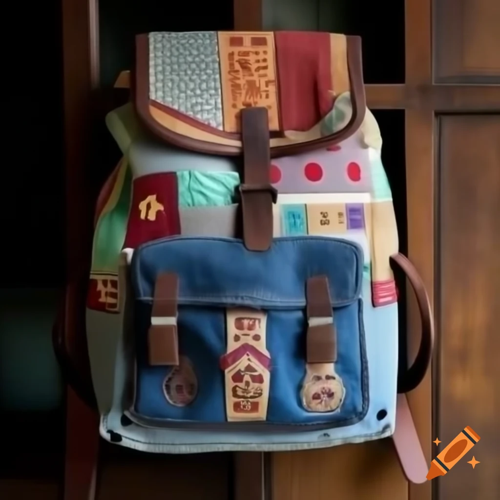 Old jeans backpack with patchwork pattern and embroidery on Craiyon