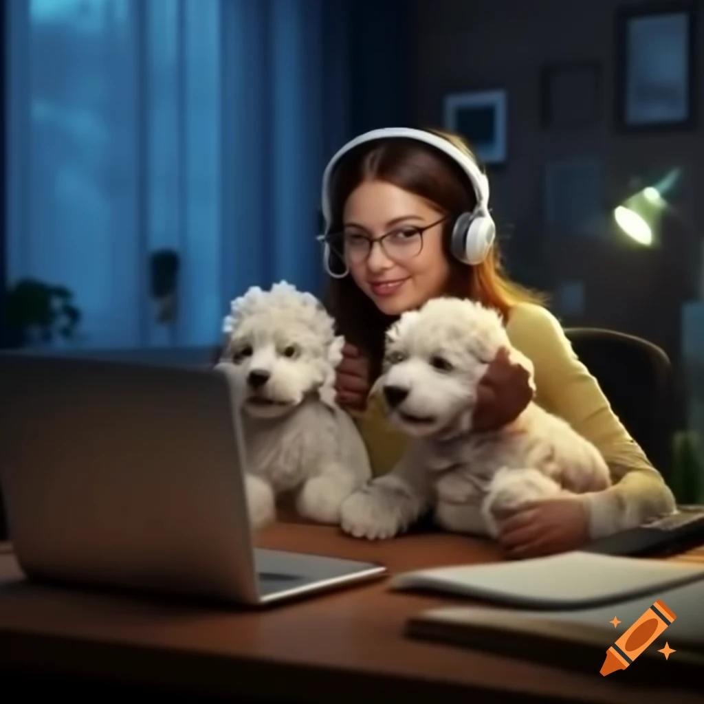 Woman working on laptop with Maltese dog on her lap, 8k resolution on ...