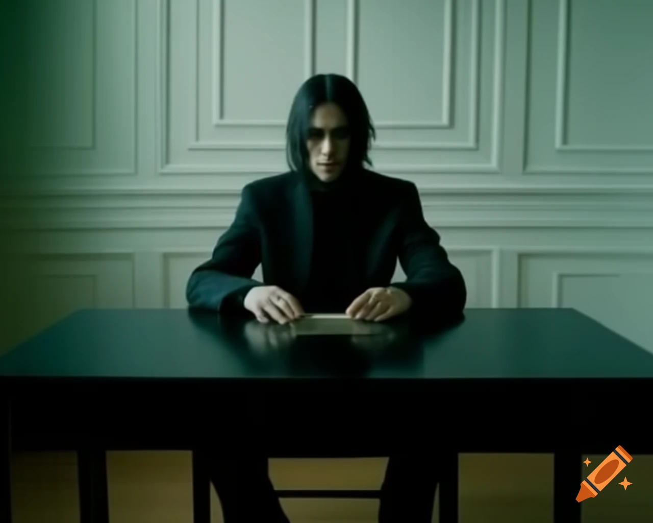 Mysterious man in black at black desk in white room on Craiyon