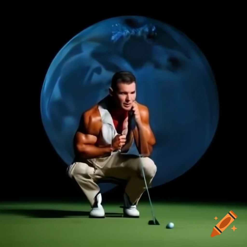 Bodybuilder playing golf on the moon on Craiyon