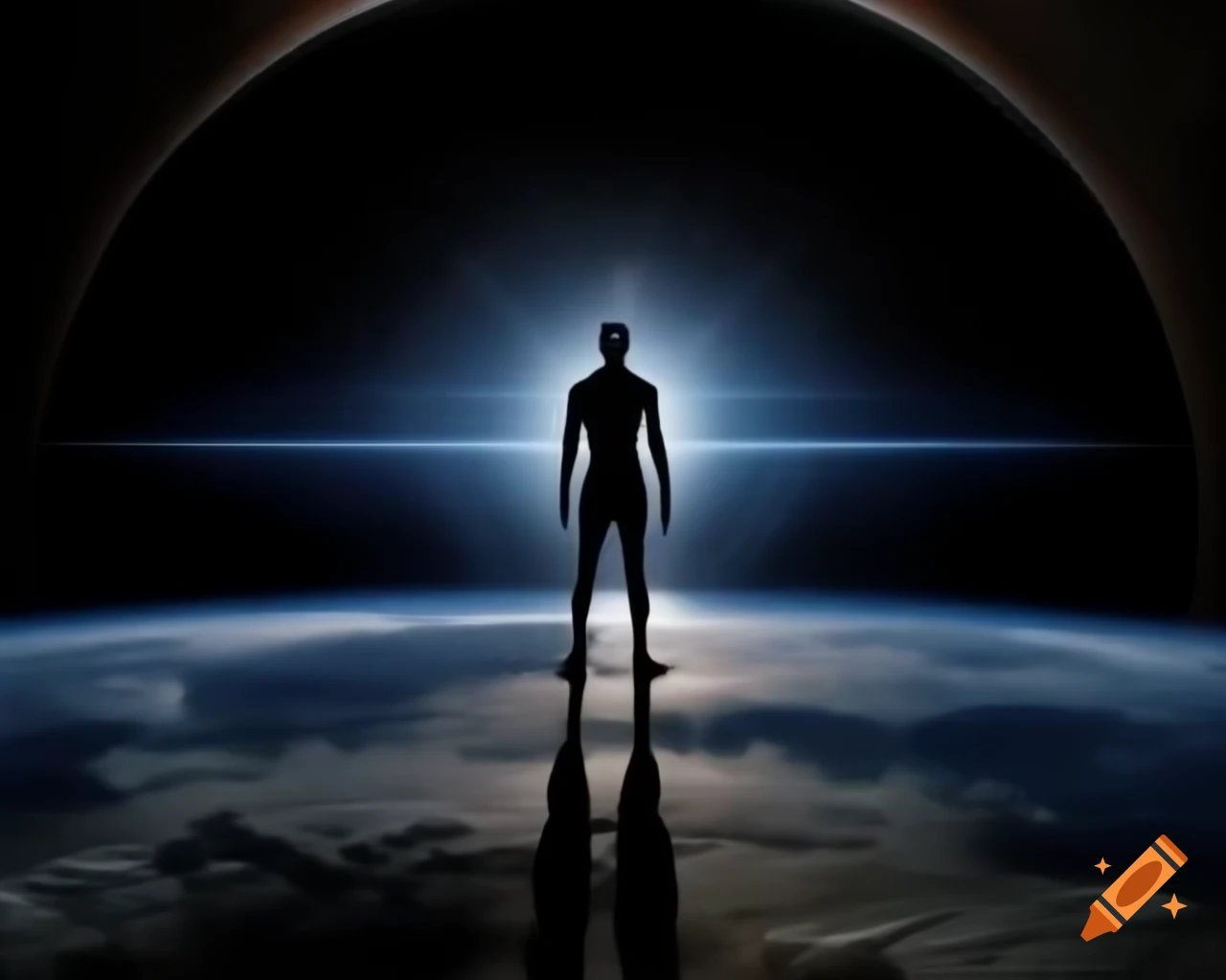 Tiny shadowy figure on plain facing a universe-sized being with six ...