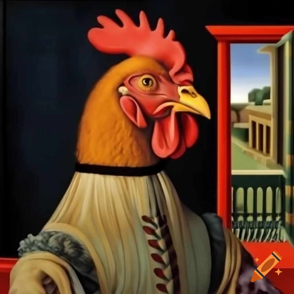 Stylized chicken portrait in renaissance style with balcony background ...