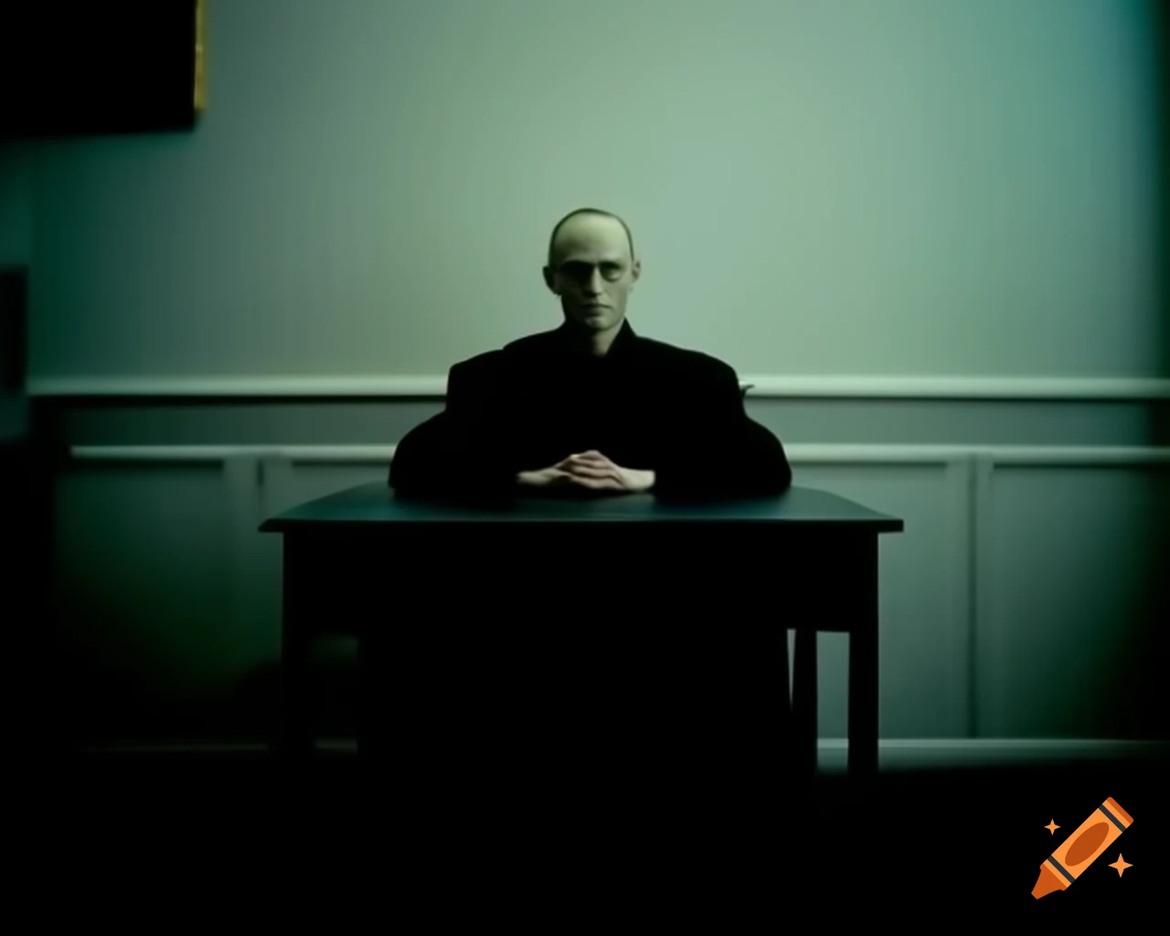 Mysterious man in black at black desk in white room on Craiyon