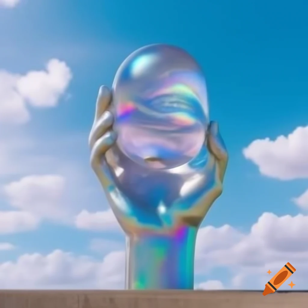 Iridescent glass statue in bright sky, pop surrealism 2000s photography ...