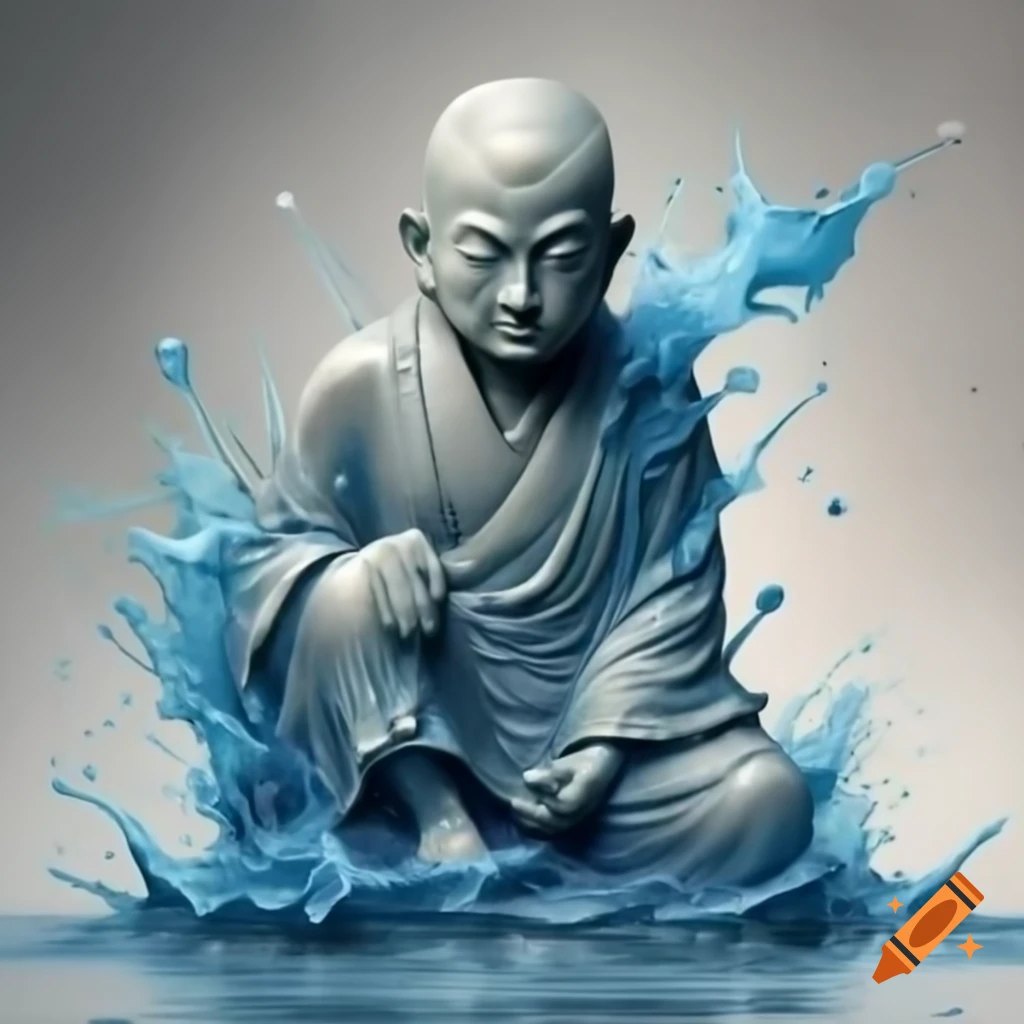 Watercolor painting of a stone statue representing a Japanese monk with ...