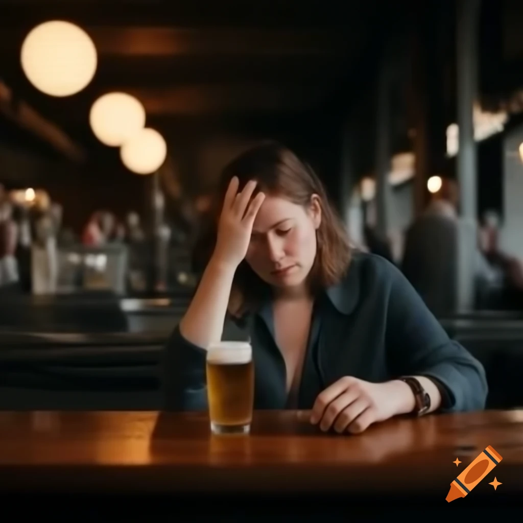 Bar scene with worker looking depressed and drinking beer on Craiyon