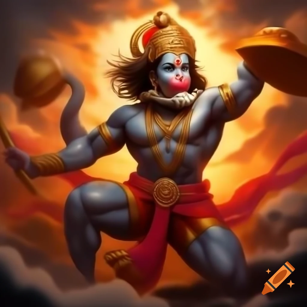 Dynamic illustration of Hanuman, the monkey god, in a powerful pose on ...
