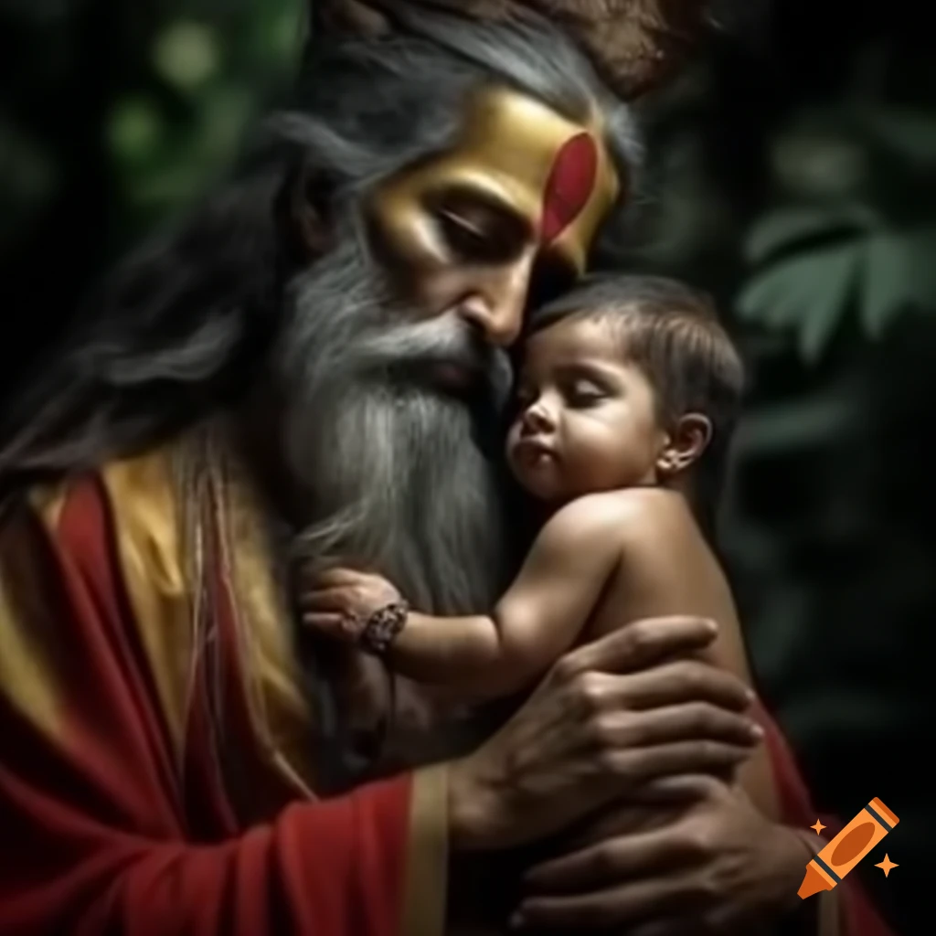 Divine figure holding a child in a serene setting on Craiyon