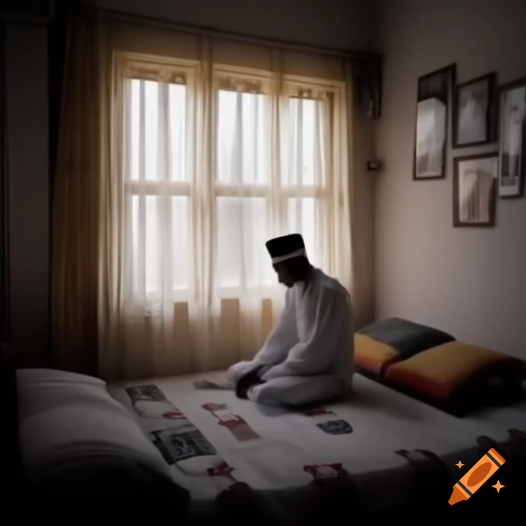 Cozy bedroom with soft morning light and muslim man in traditional ...
