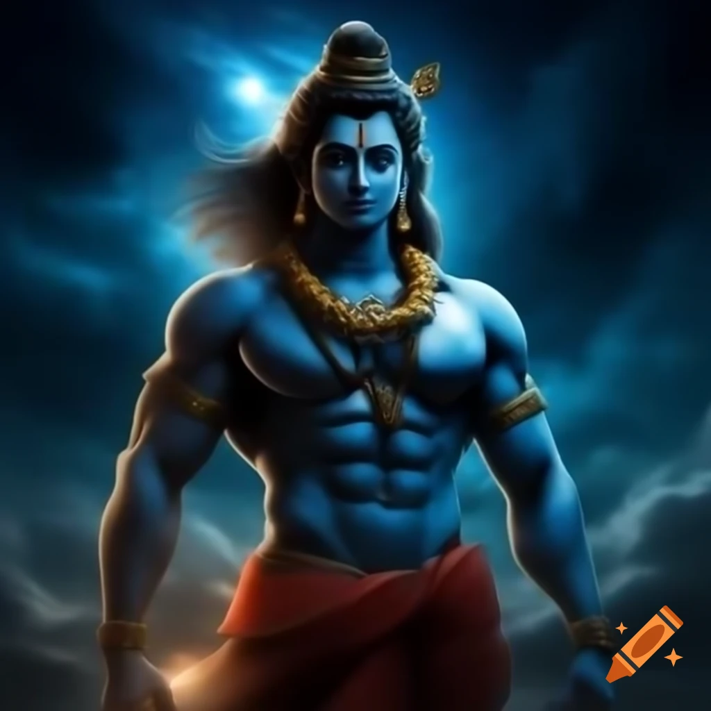 Lord Krishna with muscular physique under starry sky and thunder on Craiyon