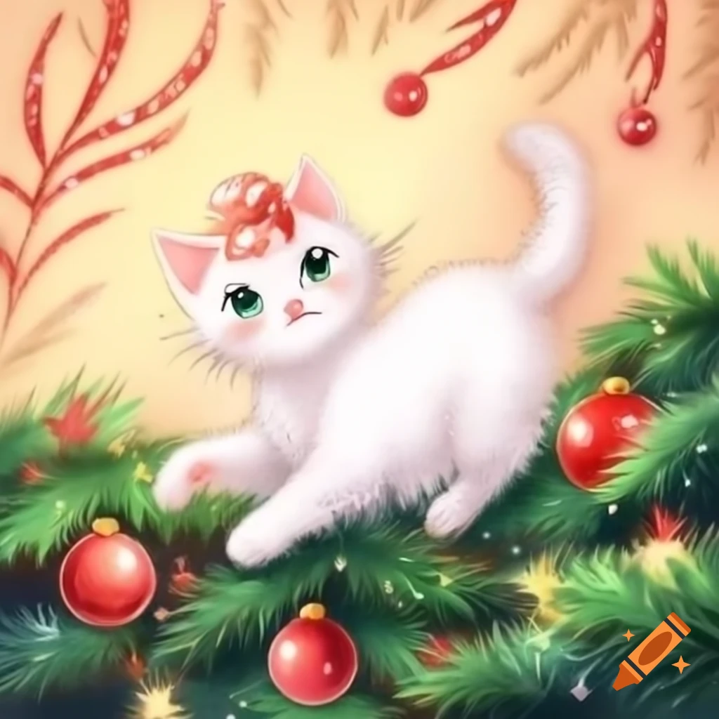 Fluffy white kitten climbing christmas tree with red and gold tinsel, watercolor storybook style ...