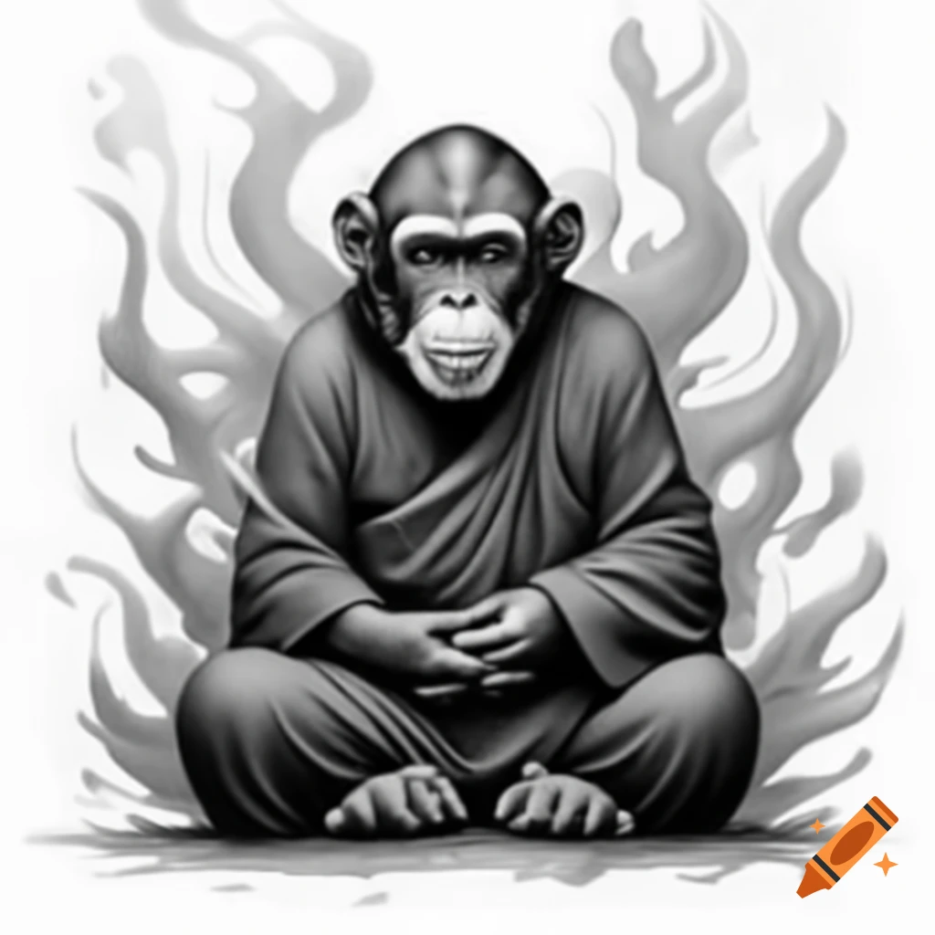 Chimp in monk robes meditating with swirling energy on Craiyon