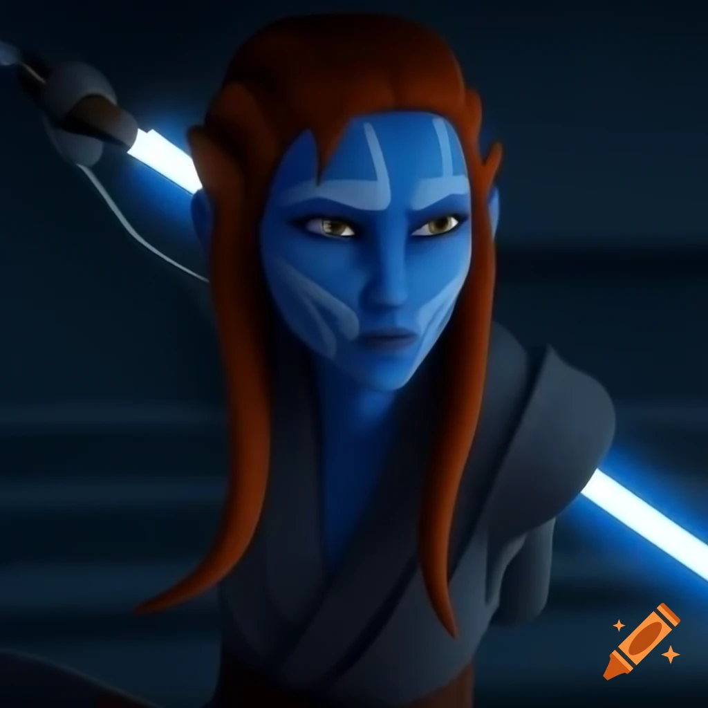 Female jedi in white robe wielding a blue lightsaber on Craiyon