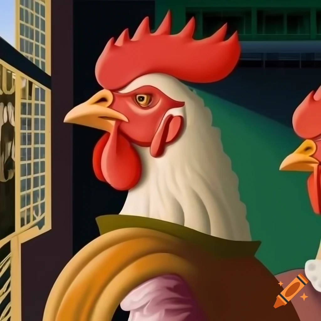 Stylized chicken portrait in Renaissance style with balcony background ...