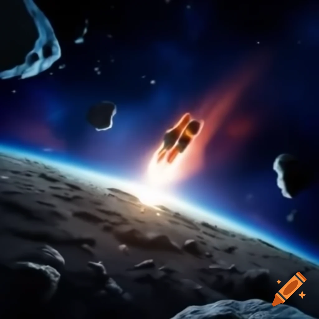 Space battle in asteroid field depicted in Pixar style on Craiyon