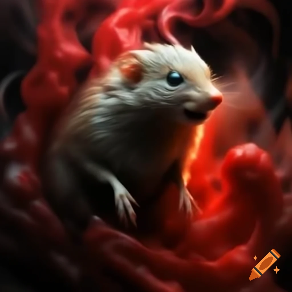 Shrew emerging from red mist vortex with glowing eyes on Craiyon