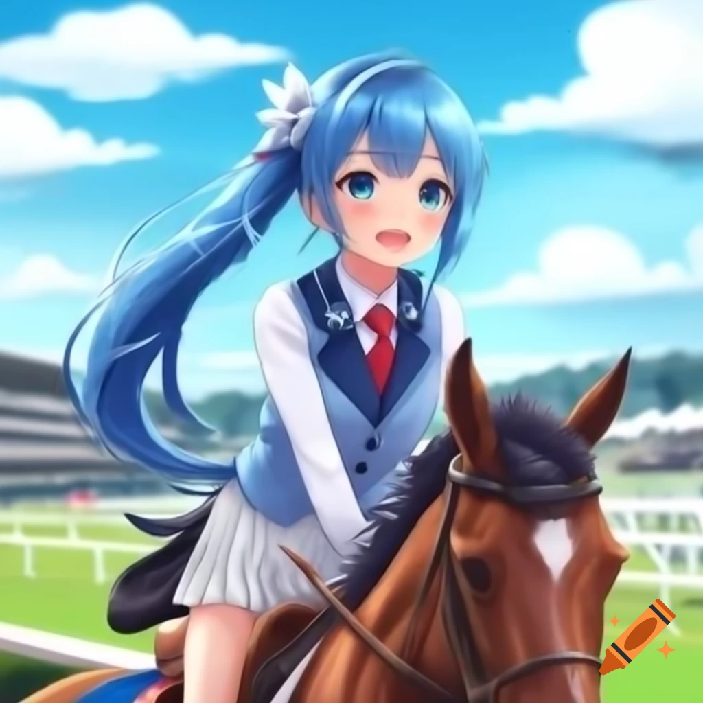 Anime girl with blue hair in mini skirt riding horse at race course on ...