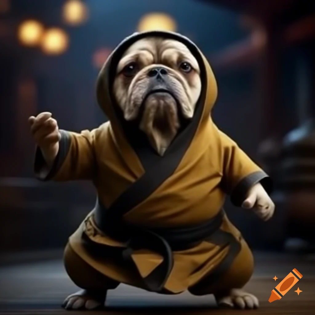 Cute puppy in kung fu clothes fighting a dragon on Craiyon