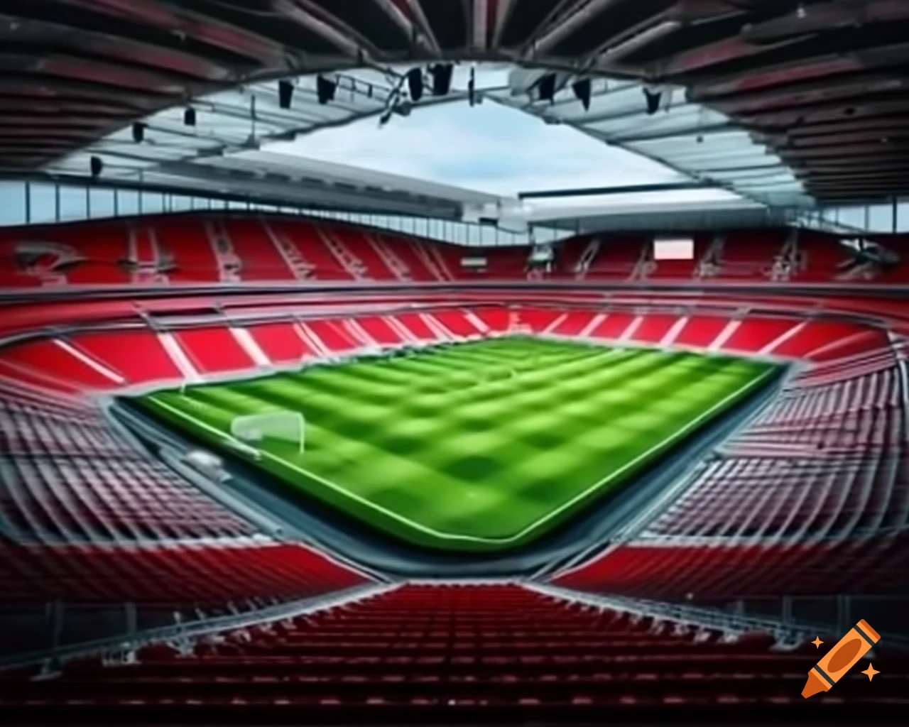 Modern soccer stadium with red seats accommodating 40000 spectators on ...