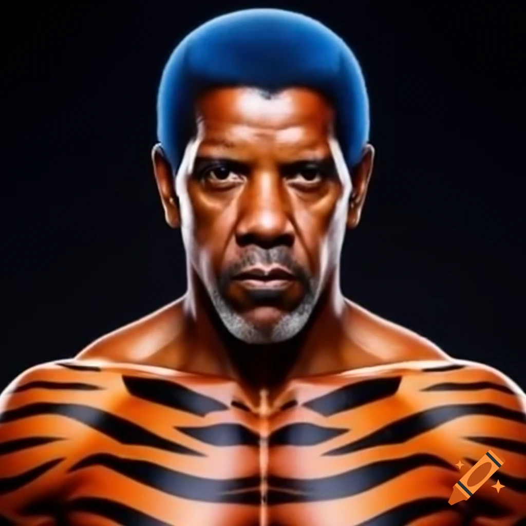 Muscular figure resembling Denzel Washington with tiger-style makeup ...