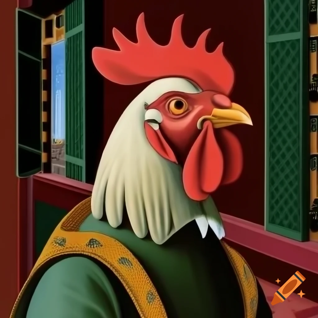 Colorful rooster in army outfit standing on hand on Craiyon