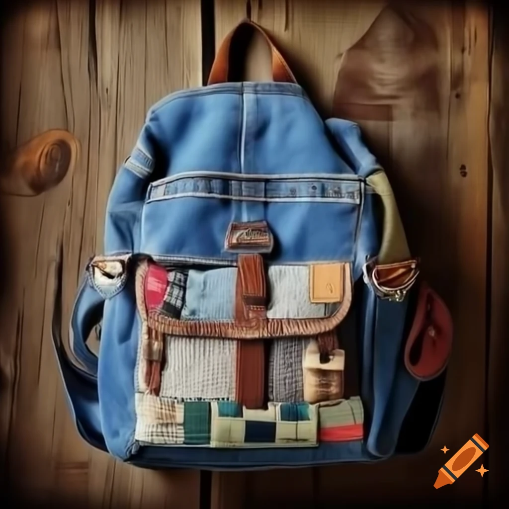 Patchwork and embroidered old jeans backpack on Craiyon