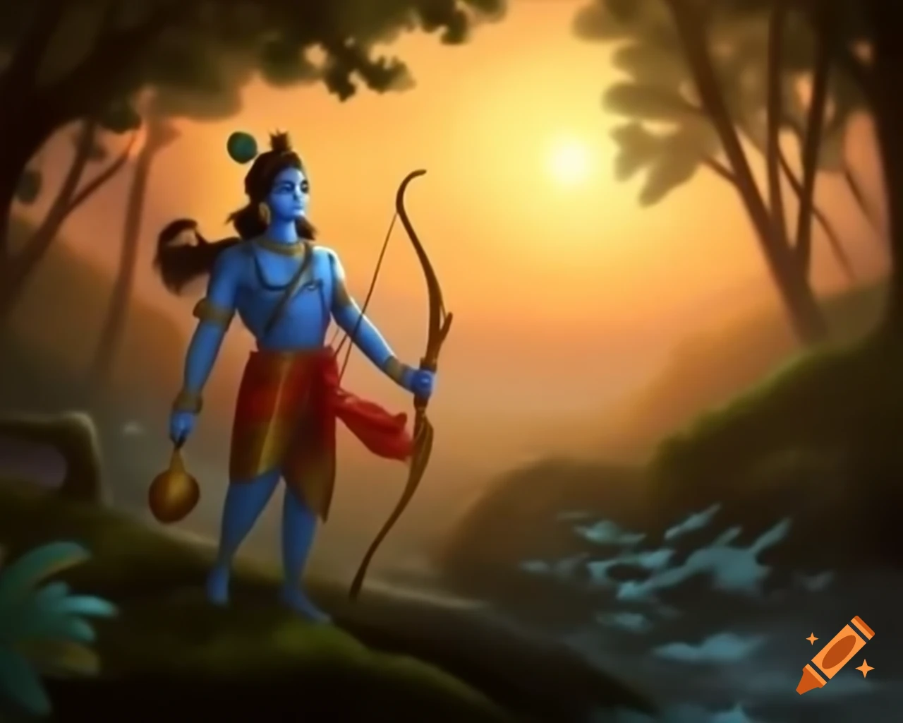 Serene forest at golden sunset featuring Lord Rama in royal attire on ...