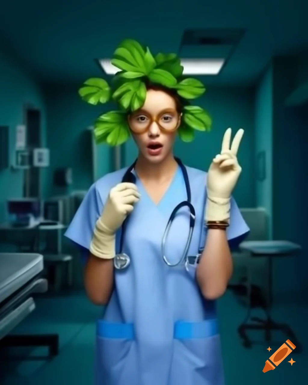 A cartoon pickle dressed as a nurse holds a stethoscope in a hospital ...