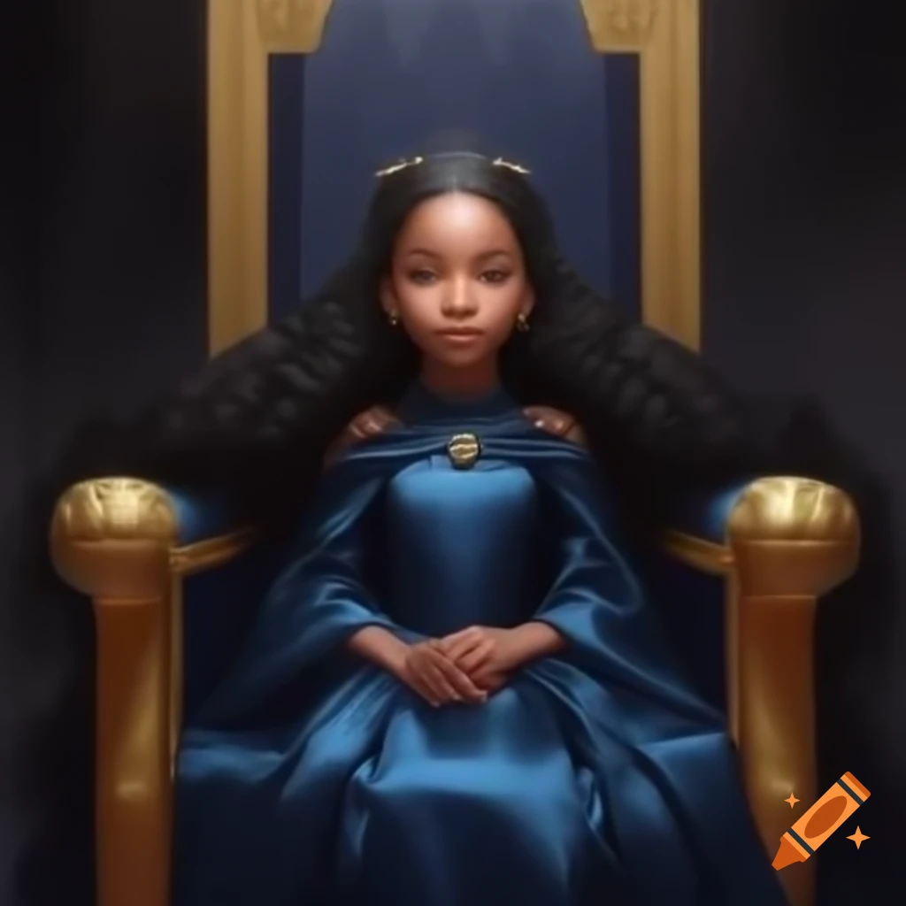 Young empress in sapphire silk dress seated on golden throne on Craiyon