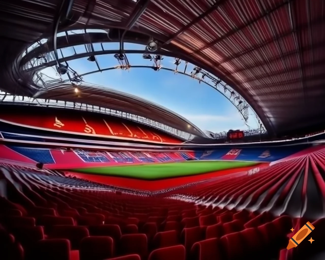 Modern architectural marvel soccer stadium with vibrant red seats and ...