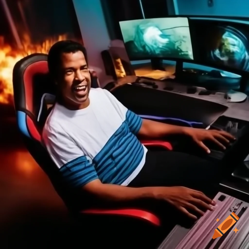 Denzel washington in gaming setup with exploding computers on Craiyon