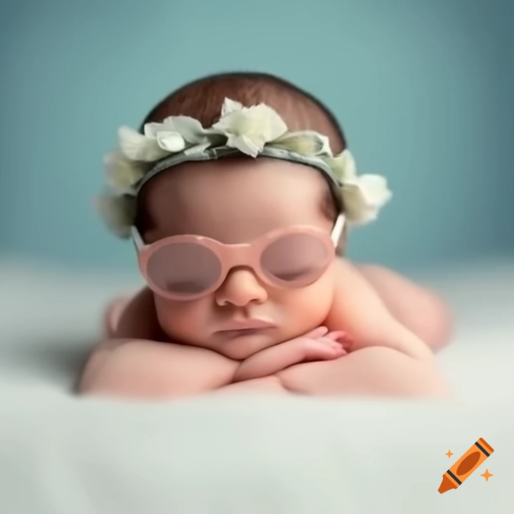 Newborn baby in sunglasses sleeping with floral headband on Craiyon