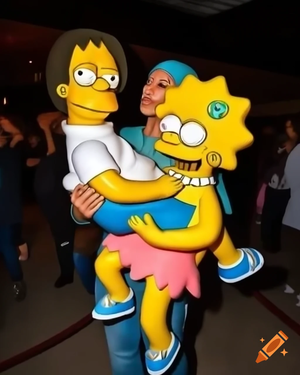 Giant Lisa Simpson Doll Cradling A Young Man At A Party On Craiyon