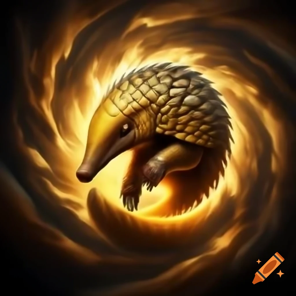 Pangolin emerging from otherworldly vortex portal with radiant eyes on ...