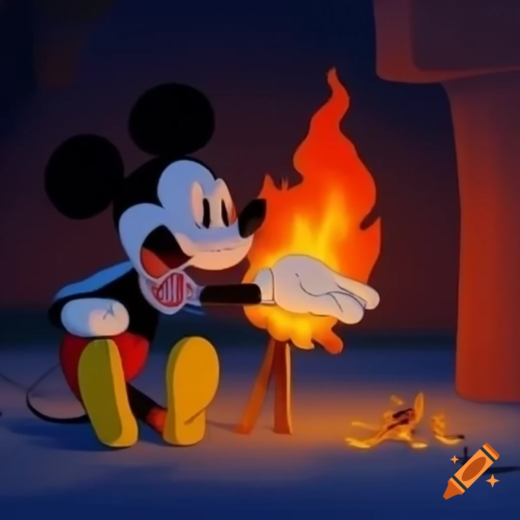 Surreal scene of pinhead eating fire with Mickey Mouse in the ...