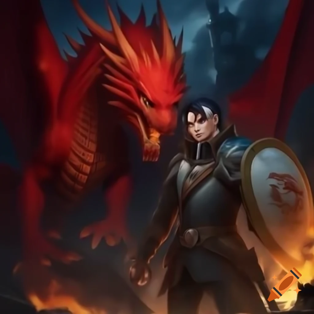 Night guard standing before dragon, weiss centered with clenched sword ...