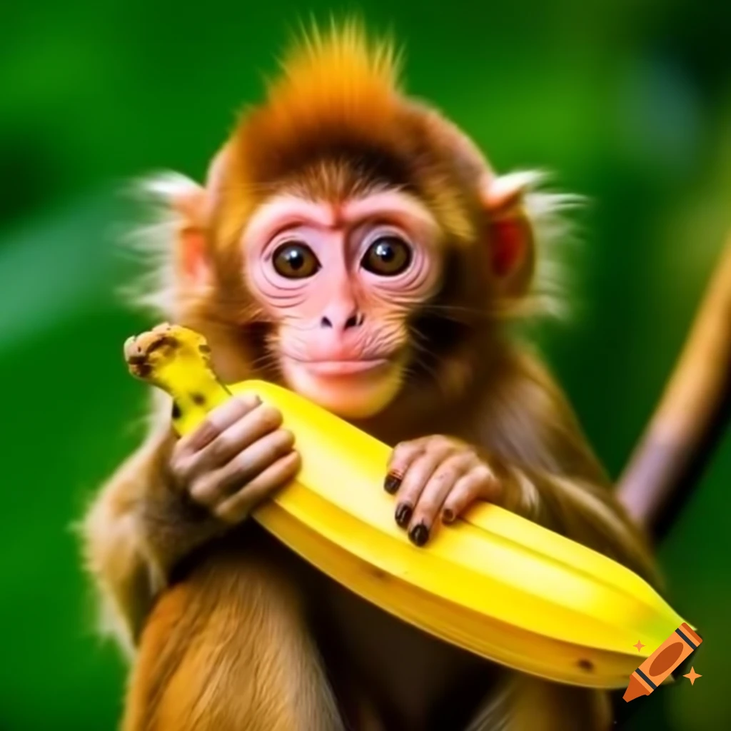 Character of young monkey with brown fur and banana leaf belt on Craiyon