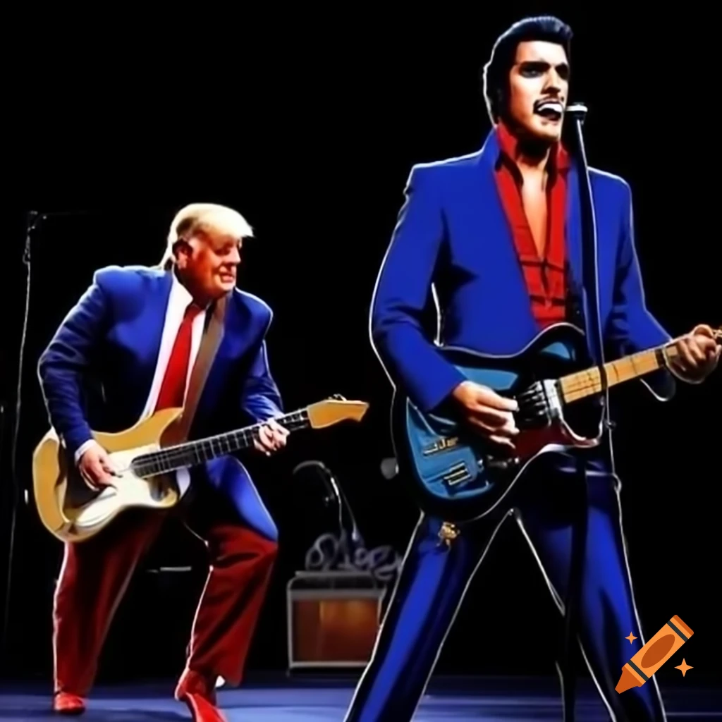 Donald Trump on stage playing electric guitar with Elvis singing ...