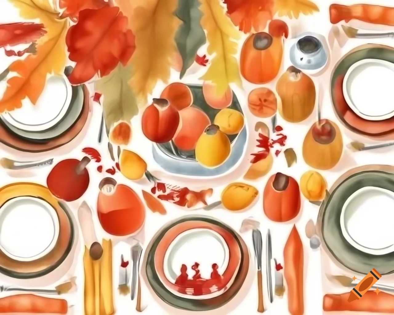 Thanksgiving table centerpiece in autumn shades, watercolor storybook ...