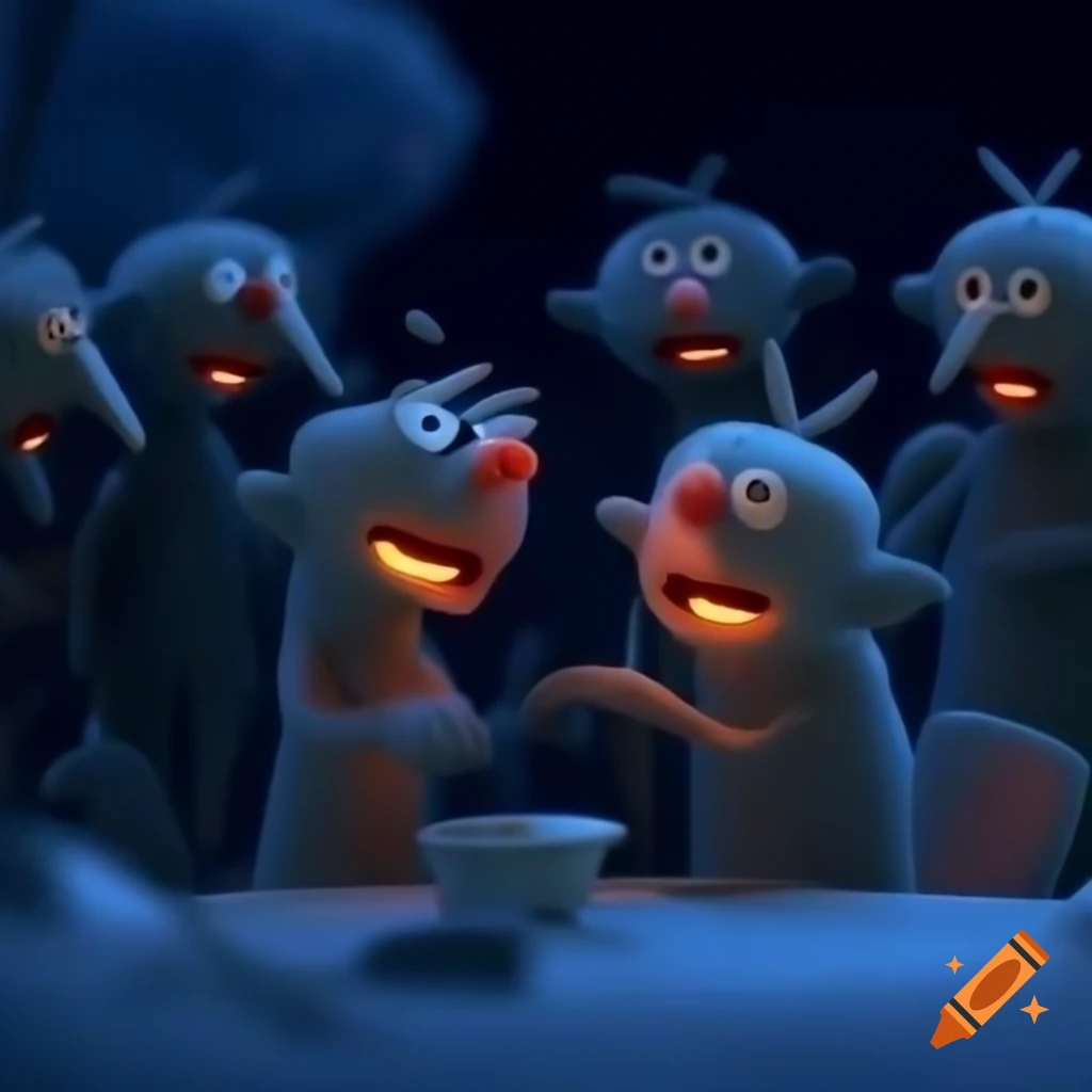 Animated night scene featuring humorous puppets on Craiyon