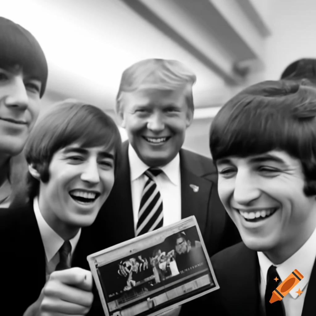 Laughing Donald Trump illustrated as a member of the Beatles in 80s VHS ...